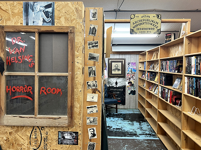 The Horror Room entrance promises spine-tingling tales beyond its ominous doorway, complete with Van Helsing's endorsement.