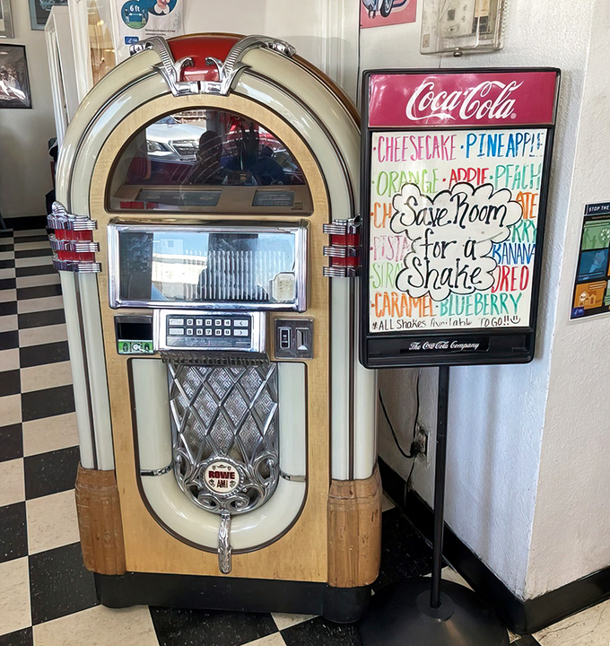 This vintage music machine stands ready to soundtrack your meal with hits from when cars had fins and songs had innocence.