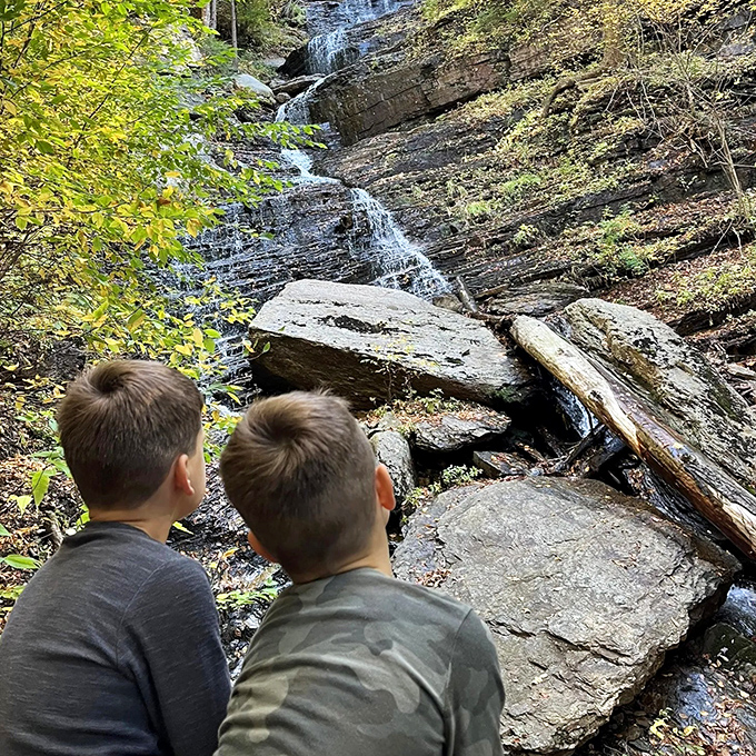 Two young explorers discovering that some of life's most spectacular views aren't on a screen but framed by forest and falling water.