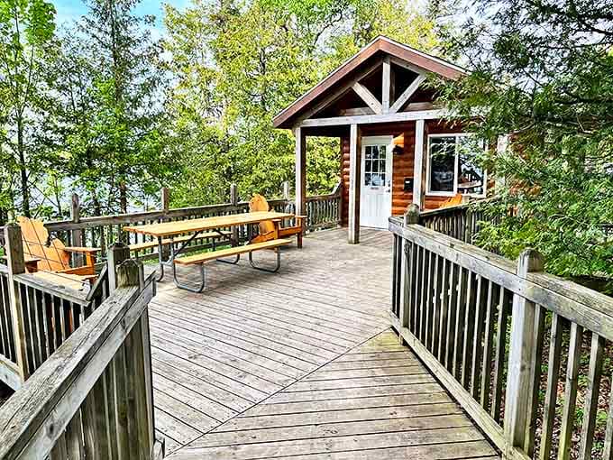 This lakeside cabin deck offers million-dollar views without the price tag &ndash; just add coffee, good company, and Michigan's morning light.
