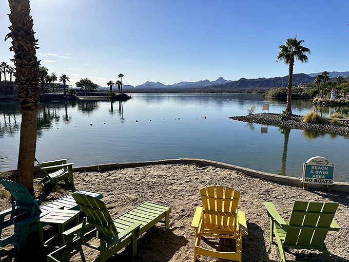 Colorful Adirondack chairs invite contemplation &ndash; the perfect front-row seats to Lake Havasu's mirror-like morning waters.