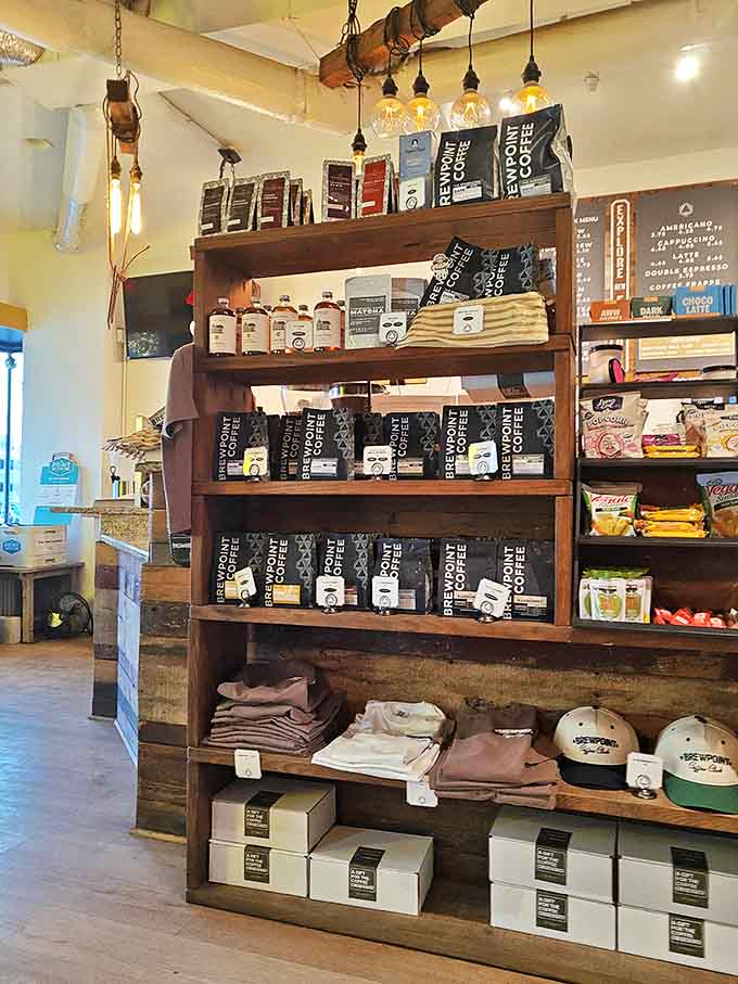 Shelves stocked with coffee beans and merchandise for when you want to take the Brewpoint experience home.