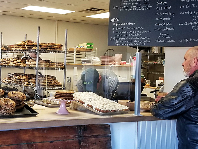 Behind the counter, racks of freshly baked treasures await their destiny as vehicles for exceptional breakfast sandwiches and spreads.