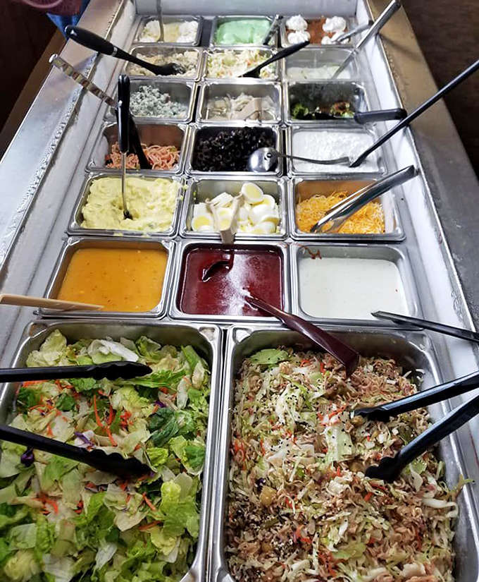 The salad bar offers a refreshingly straightforward approach: fresh ingredients, house-made dressings, and all the fixings for building your perfect plate.