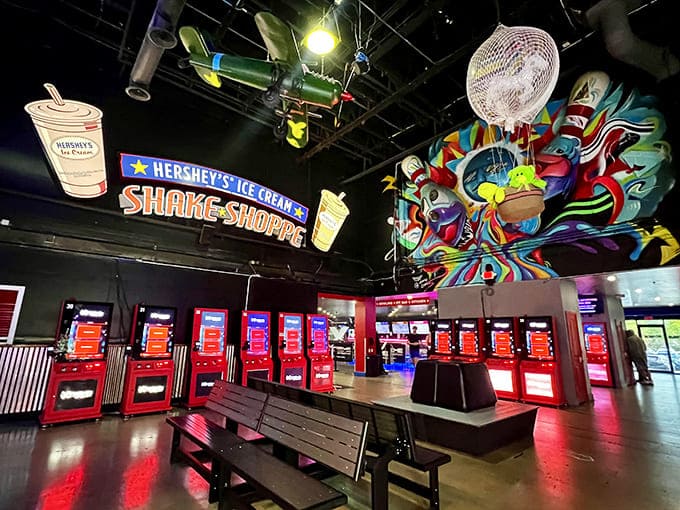 Sweet tooth sanctuary featuring Hershey's finest creations&mdash;where milkshakes require serious straw commitment and calories don't count because you're on vacation from adulting.