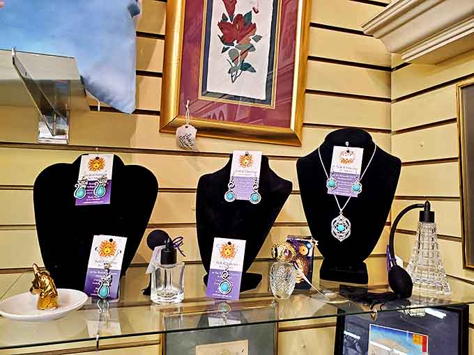 Turquoise jewelry gleams under display lights, each handcrafted piece carrying the Southwest's spirit to Cincinnati.