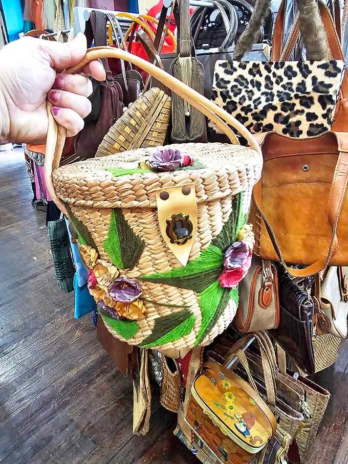 This whimsical wicker handbag with decorative flowers once accompanied someone to garden parties and afternoon teas.