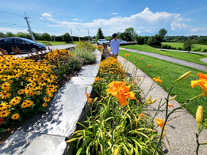 Vibrant flowers frame visitors exploring the park's entrance, nature's way of saying "you're welcome" before the main attraction.