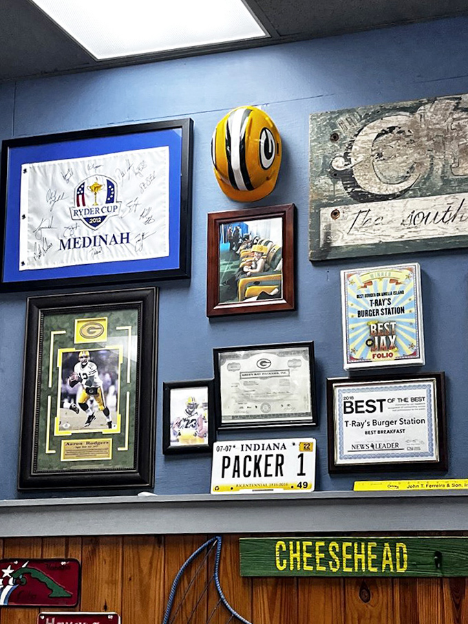 Green Bay Packers memorabilia shares wall space with local awards &ndash; a visual testament to the eclectic personality that makes T-Ray's unique.