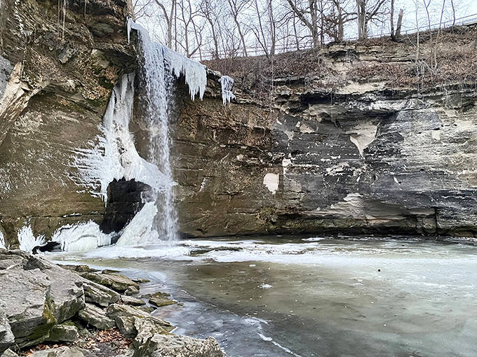 Winter transforms Minneopa into a frozen fantasy world, where water pauses mid-fall in spectacular ice formations.