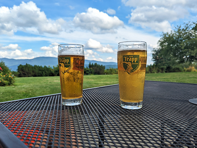 Two golden glasses of liquid happiness with a side of mountain majesty &ndash; proving beer tastes better with a view.