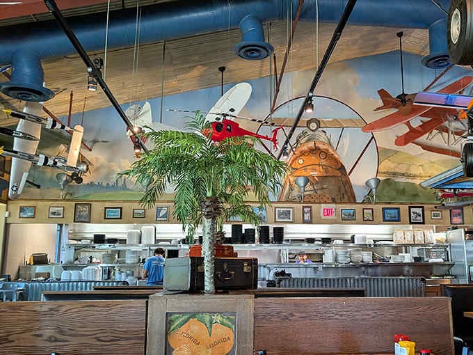 Pilot Pete's aviation theme takes flight with model planes suspended from the ceiling, vintage propellers, and a cockpit's worth of flying memorabilia.