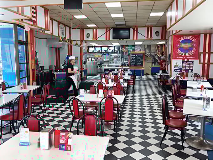 The dining room hums with conversation and satisfaction &ndash; red and white decor creates a cheerful atmosphere where memories are made between delicious bites.