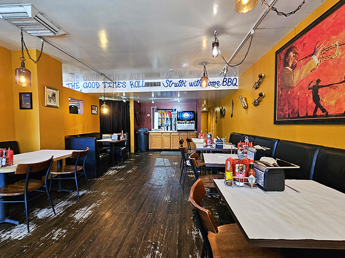The restaurant's warm yellow walls and musical accents create a jazz club vibe where the food hits all the right notes.