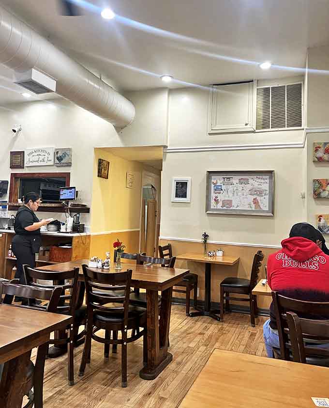 Warm wood tones and comfortable seating invite you to linger over that second cup of coffee.