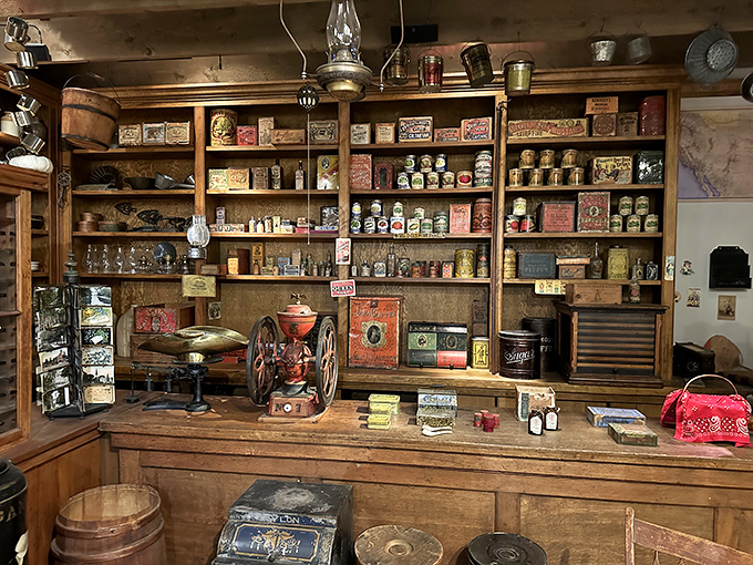 Step back in time at the general store exhibit, where shelves overflow with colorful tins, packages and products from a bygone era.