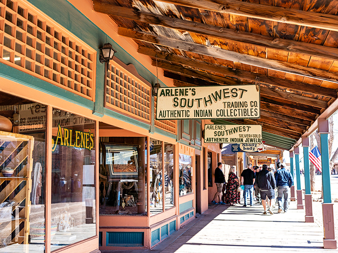Arlene's Gallery showcases authentic Native American craftsmanship under wooden awnings that have sheltered shoppers from the desert sun for generations.