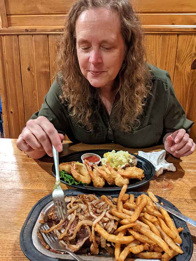The universal expression of someone discovering that yes, the prime rib really is as good as everyone said.