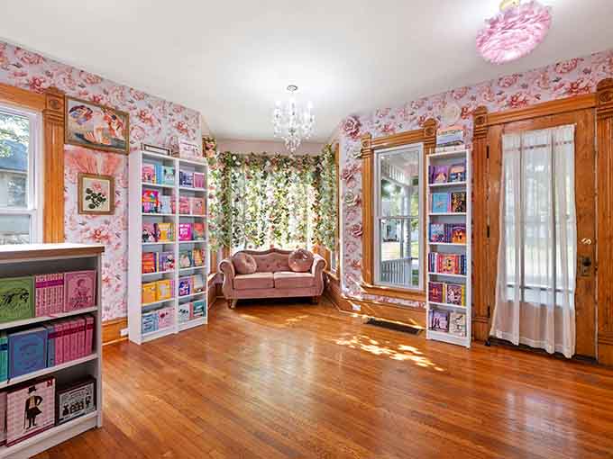 Pink florals and romantic touches create a swoon-worthy space where happily-ever-afters line the shelves like promises waiting to be kept.