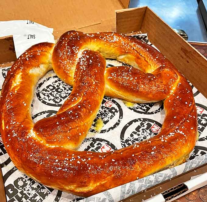 A pretzel that puts mall kiosks to shame – golden, salted perfection waiting to be torn and shared.