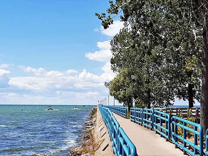 The breakwall boardwalk offers lake views on both sides, where water meets sky in a horizon that seems to stretch forever.