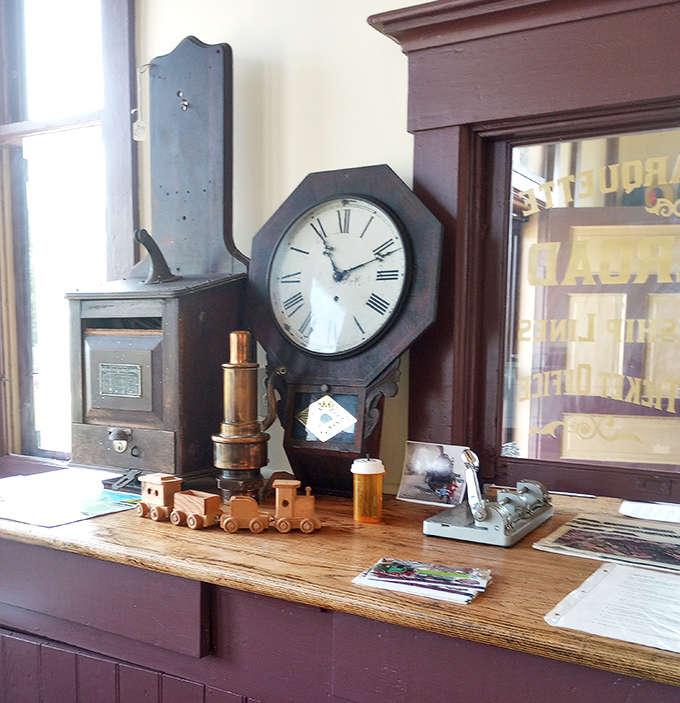Vintage treasures like this antique clock and wooden train set create Buck's unique character &ndash; timekeeping for generations of satisfied diners.