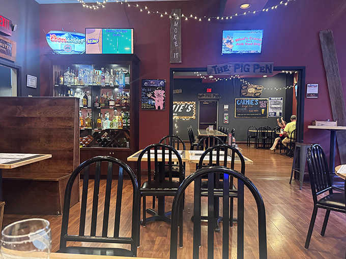 The "Pig Pen" bar area offers a slightly different vibe – perfect for catching the game while catching up with friends.