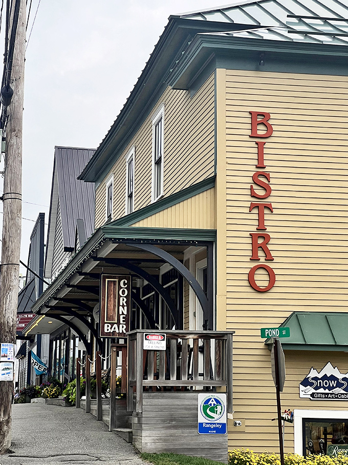 The Bistro's corner location in downtown Rangeley offers the perfect perch for people-watching while sampling local culinary delights.