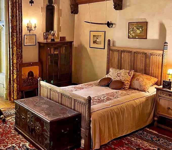 This cozy bedroom somehow makes "medieval chic" look inviting rather than a setting for ghost stories.