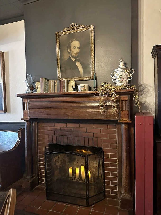 A portrait of Lincoln watches over diners from above the fireplace, as if ensuring the historic atmosphere remains perfectly preserved for each new guest.