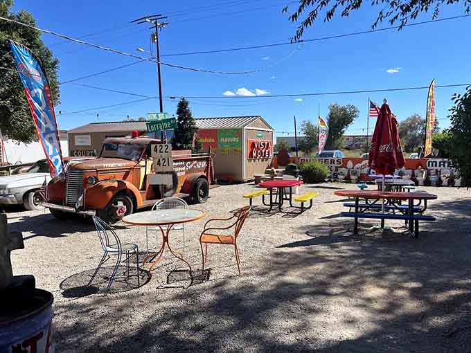 Outdoor seating where you can watch Route 66 roll by while contemplating whether ordering another milkshake counts as dessert.
