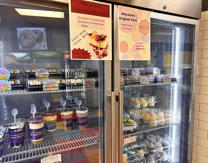 Behind glass doors lie chilled delights &ndash; cheesecakes and macarons waiting patiently for those who save room after donuts.