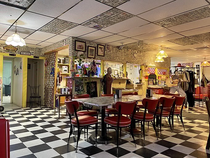 The dining area feels like a community living room where strangers become friends over shared pizzas and road trip stories.