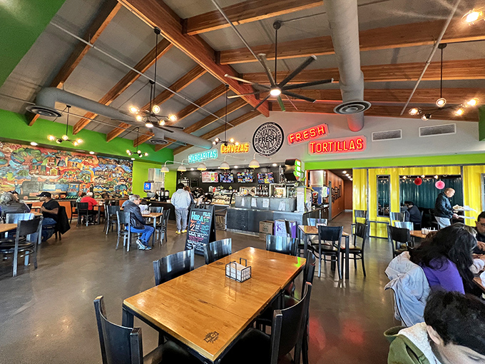 The dining area balances festive and functional, with enough space to accommodate the inevitable crowds drawn by taco excellence.