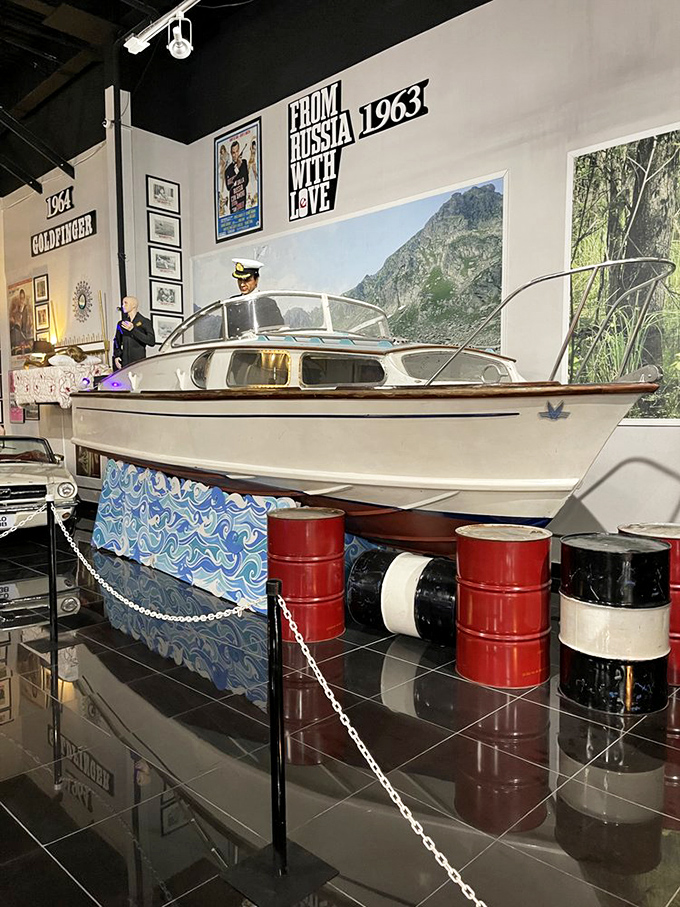 Bond's Fairey Huntress speedboat sits landlocked but no less dangerous, ready for its next martini-sipping spy mission.