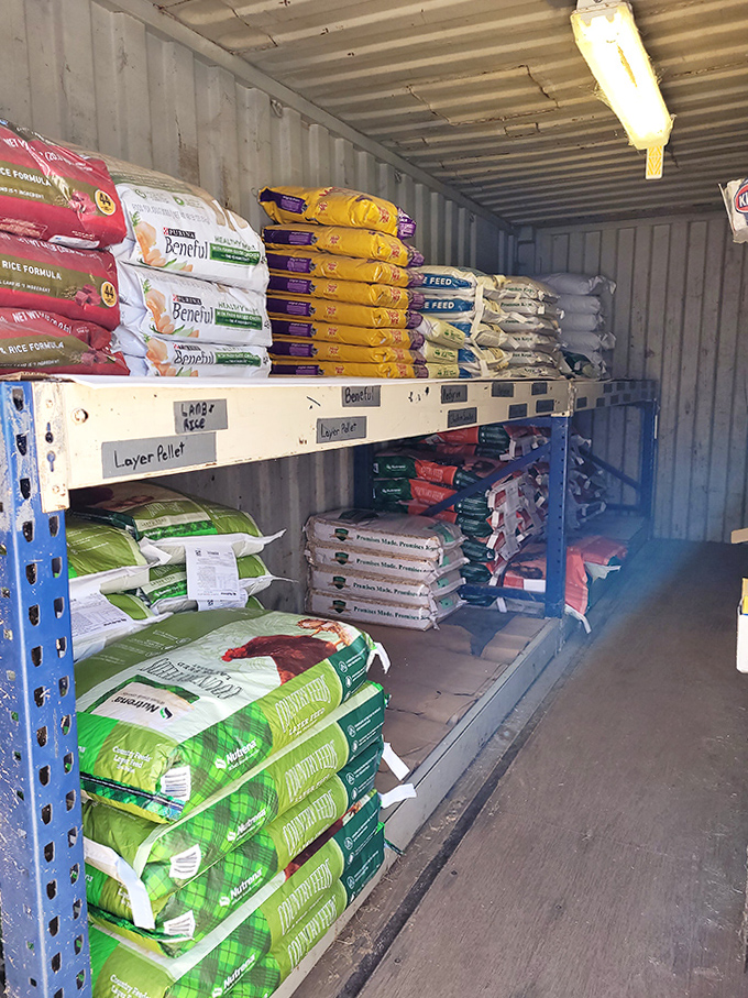 The feed room speaks to the store's authentic purpose, serving local ranchers and animal lovers with stacks of quality nutrition.