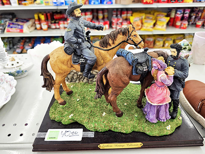 Civil War soldiers frozen in porcelain perpetuity. Collectibles like these represent America's complicated relationship with history, displayed between everyday household items.