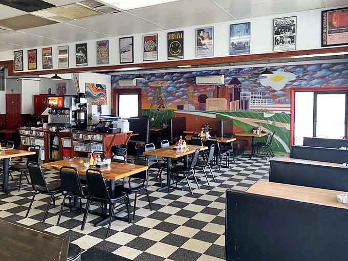 Every angle of this place screams authentic diner, from the stools to the ceiling to the coffee station.