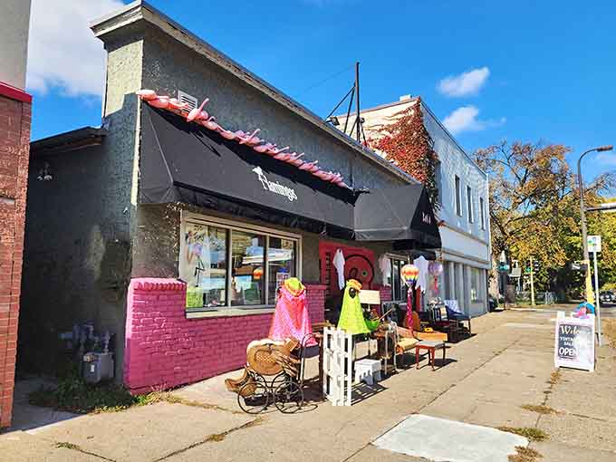 The storefront's pink brick and eclectic sidewalk display announce that boring is not in this establishment's vocabulary, not even close.
