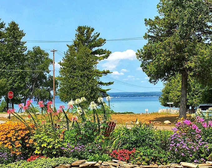 Nature's color palette on full display &ndash; wildflowers frame the perfect view of Little Traverse Bay's impossibly blue waters.