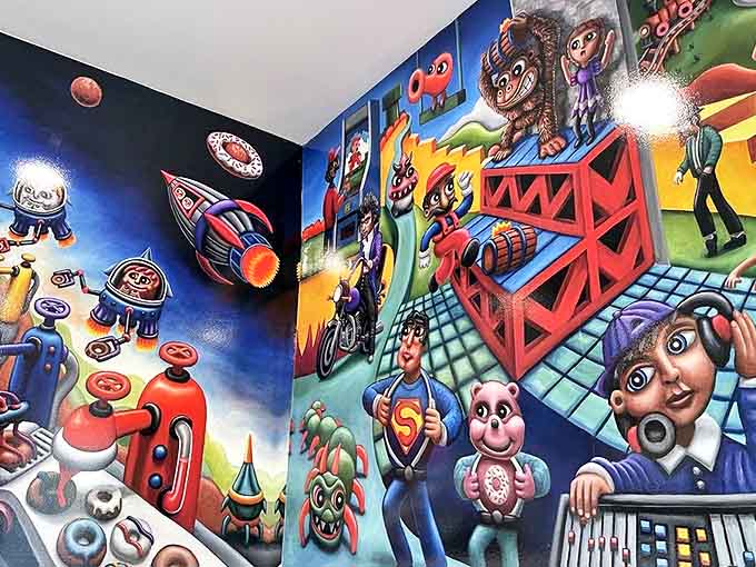 The psychedelic mural transforms a simple wall into a fantastical donut universe &ndash; cartoon characters and rocket ships swirling through a sugar-fueled dreamscape.