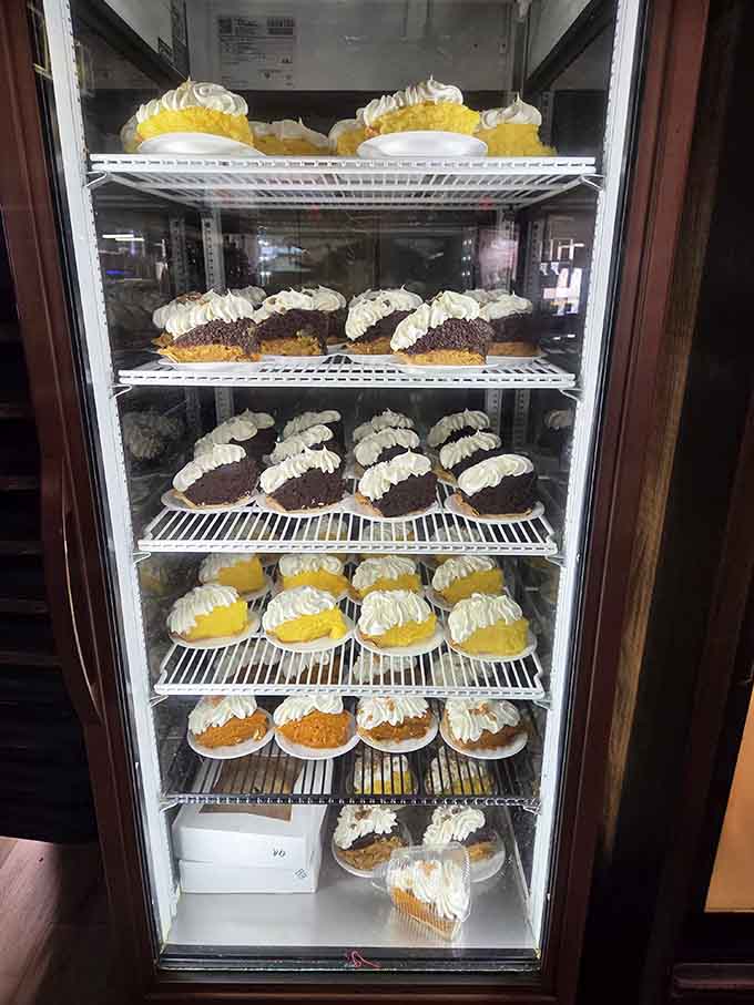 The pie display tempts visitors with homemade sweetness, each slice a testament to traditional baking skills.