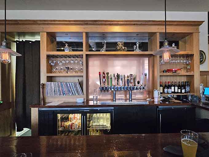 The bar showcases an impressive tap selection, with enough variety to satisfy everyone from IPA enthusiasts to stout devotees.