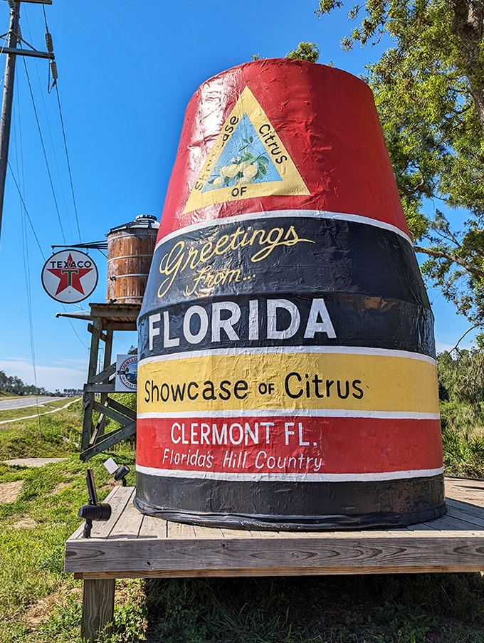 This giant souvenir bucket stands as a colorful ambassador for Clermont &ndash; "Florida's Hill Country" proudly proclaims its citrus heritage.