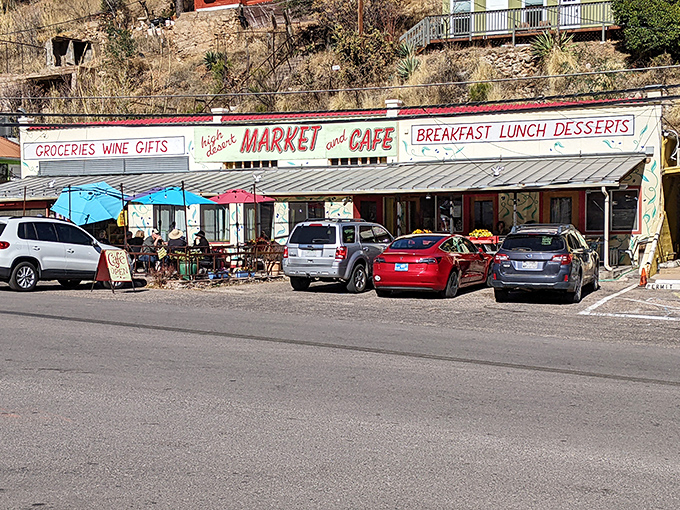 High Desert Market's sunny patio invites lingering over locally-roasted coffee and house-made pastries, a perfect fuel stop before tackling more of Bisbee's famous stairs.