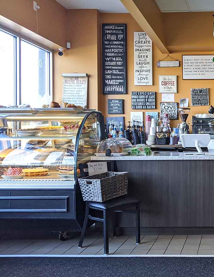 The counter area buzzes with activity as staff prepare orders with the efficiency of a well-choreographed breakfast ballet.
