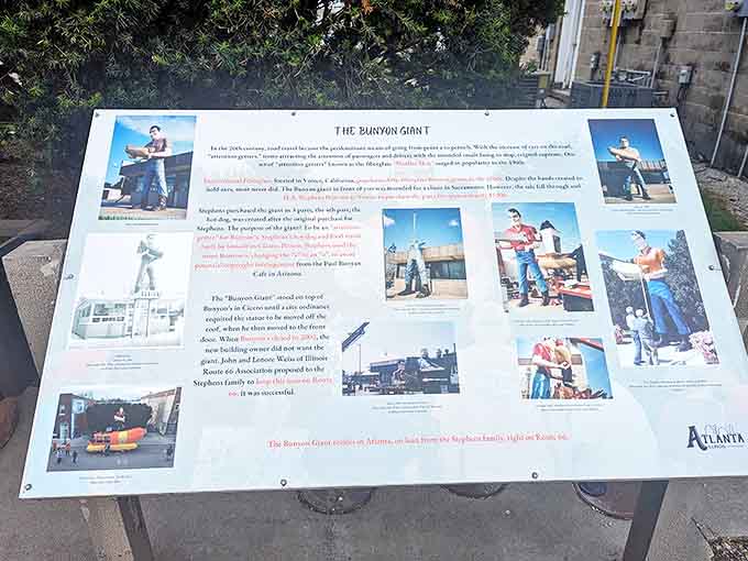 The informational display reveals the giant's journey from hot dog stand mascot to beloved Route 66 icon, preserved for future generations.
