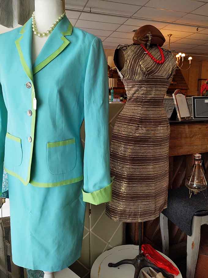 Vintage clothing displays feature garments built to last, with construction quality that makes modern fast fashion look downright embarrassing.