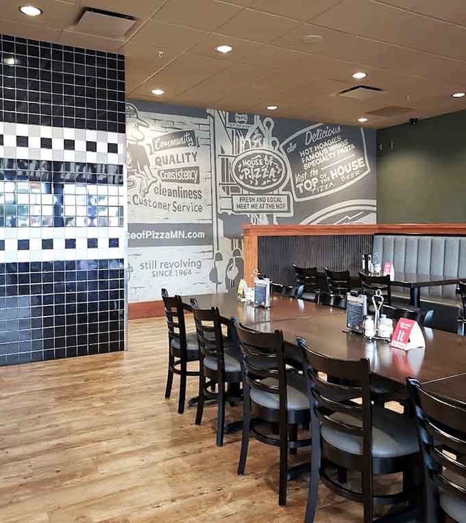 Spacious dining area with plenty of seating for families, friends, and hungry solo diners alike.