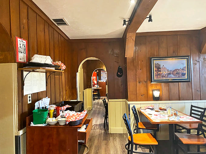 Wood-paneled warmth and decades of history create an atmosphere that feels more like someone's home than a restaurant.
